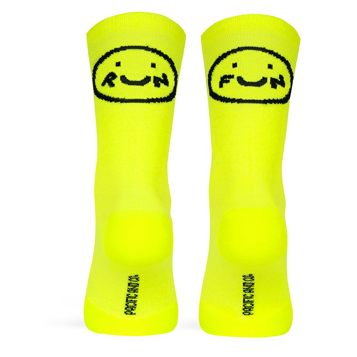 Neon Yellow Running Socks with Smiley Face and 'RUN FUN' Message | Pacific and Co